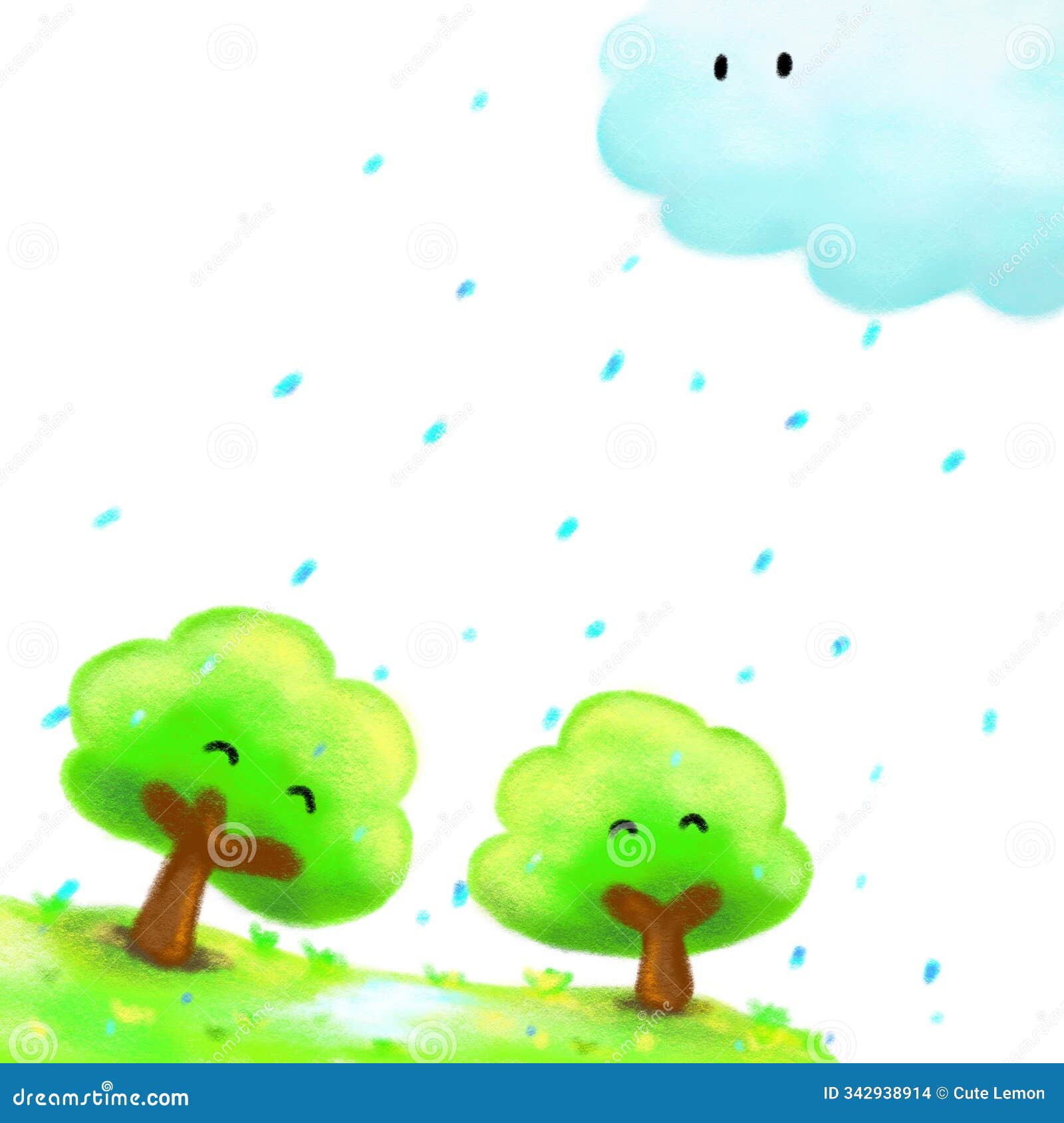 Two Trees Smiling in the Rain Crayon Drawing, Kid Cartoon Cute Spring ...