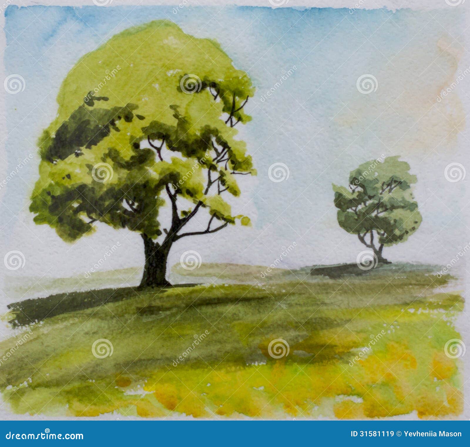 Two trees at a distance stock illustration. Illustration of lawn - 31581119