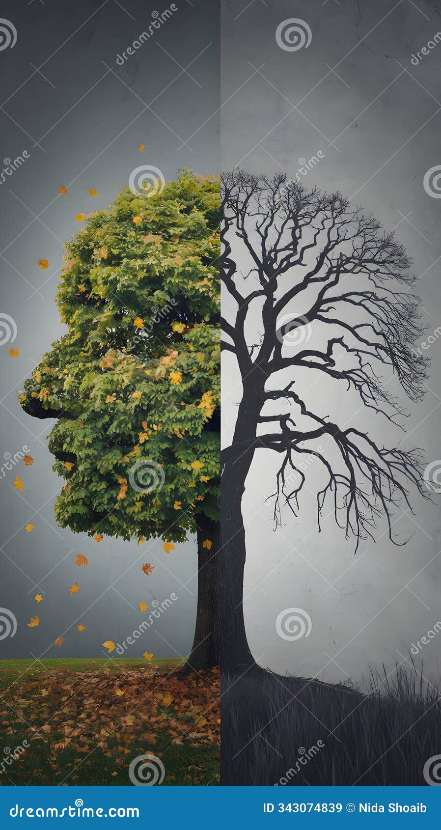 Two Trees Form Human Faces, Symbolizing Contrasting Emotions Against ...