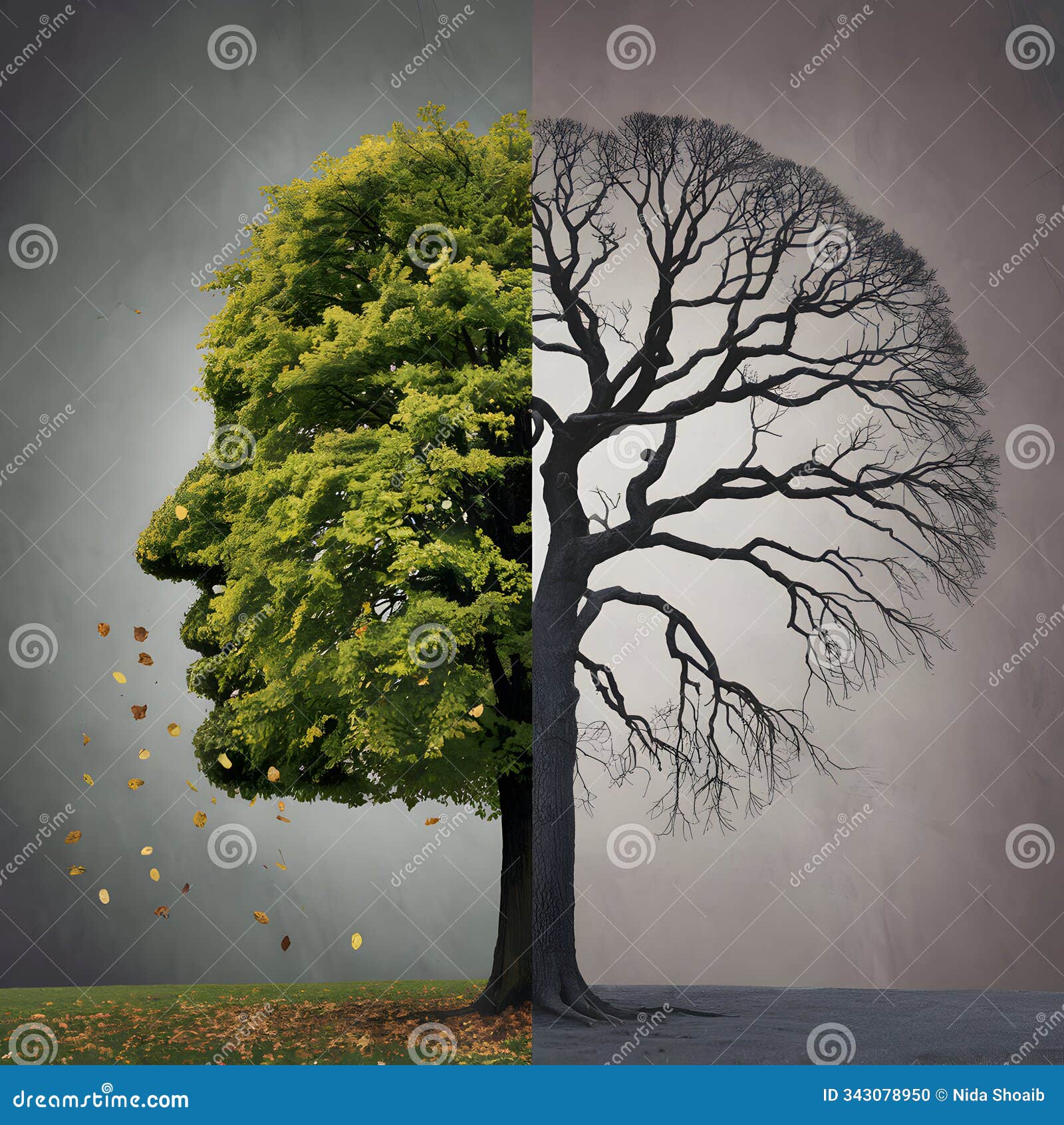 Two Trees Form Human Faces, Symbolizing Contrasting Emotions Against ...