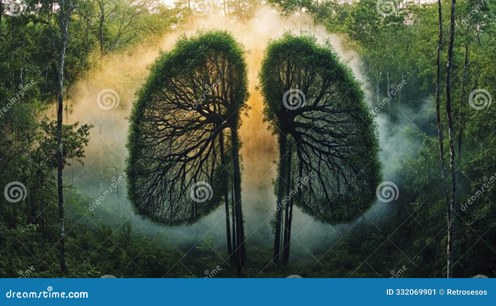 Two Trees Forming Lungs in the Forest at Sunset Stock Illustration ...