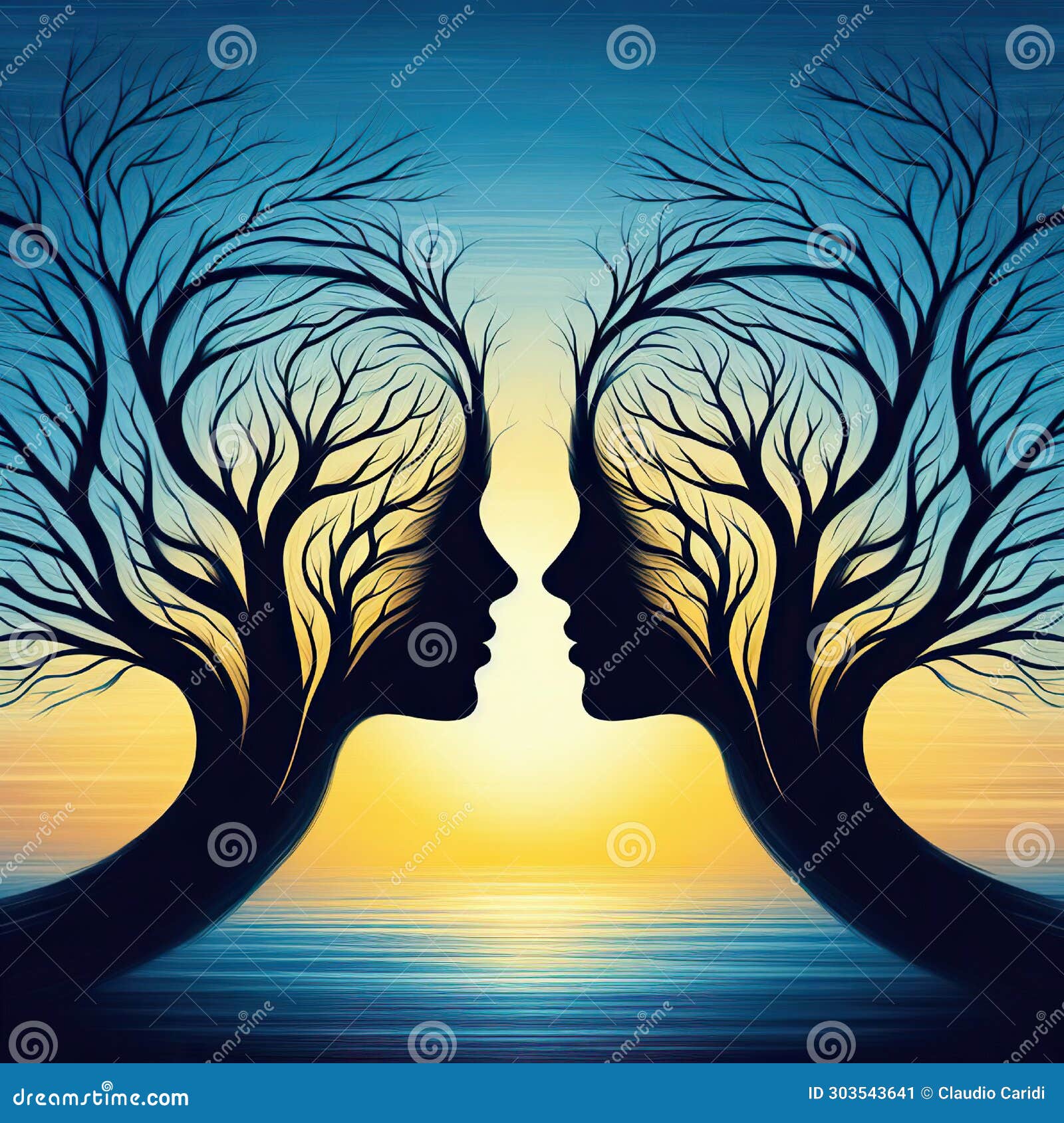 Two Trees Intertwining To Create an Illusion of Two Human Faces Trying ...