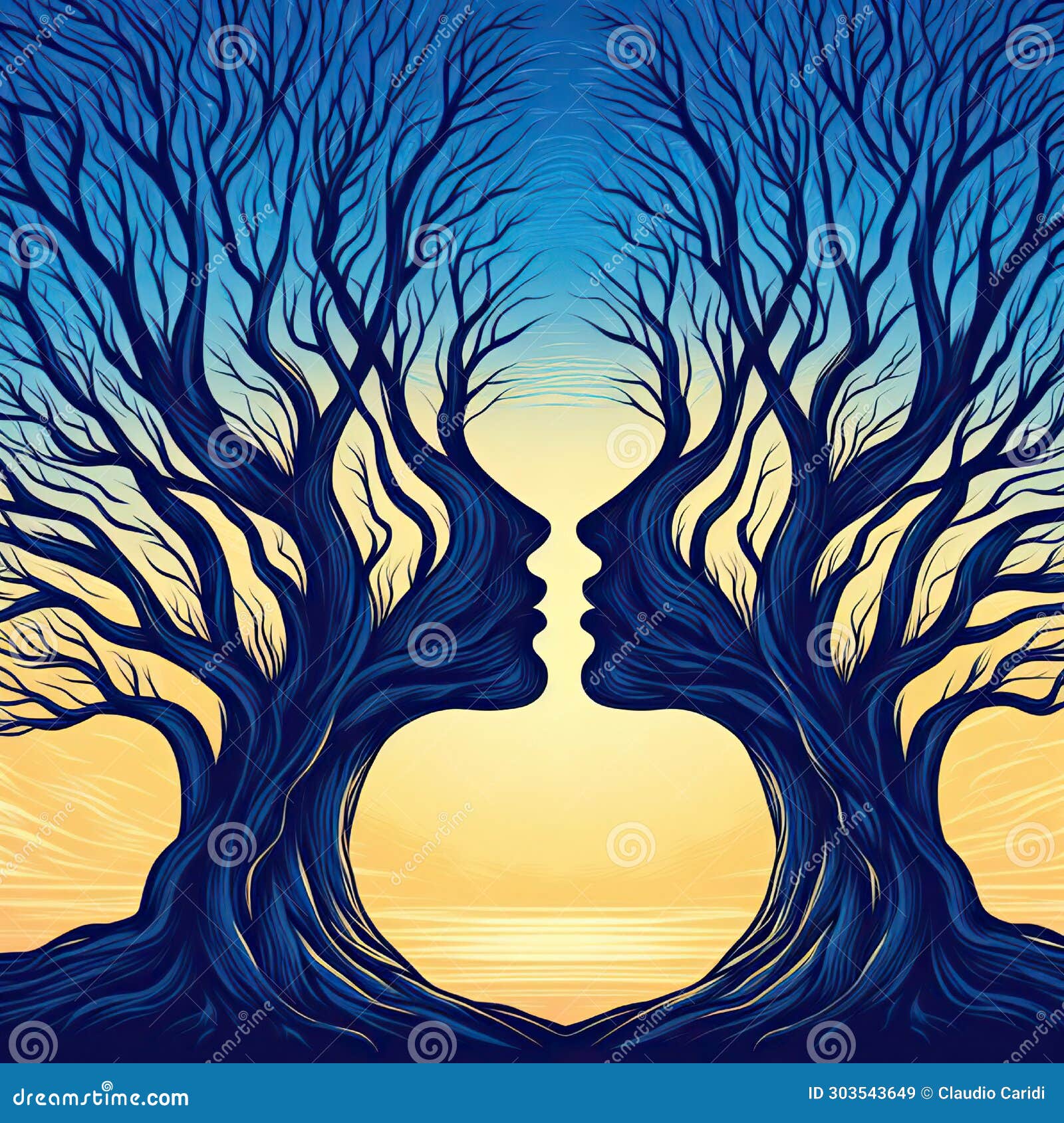 Two Trees Intertwining To Create an Illusion of Two Human Faces Trying ...