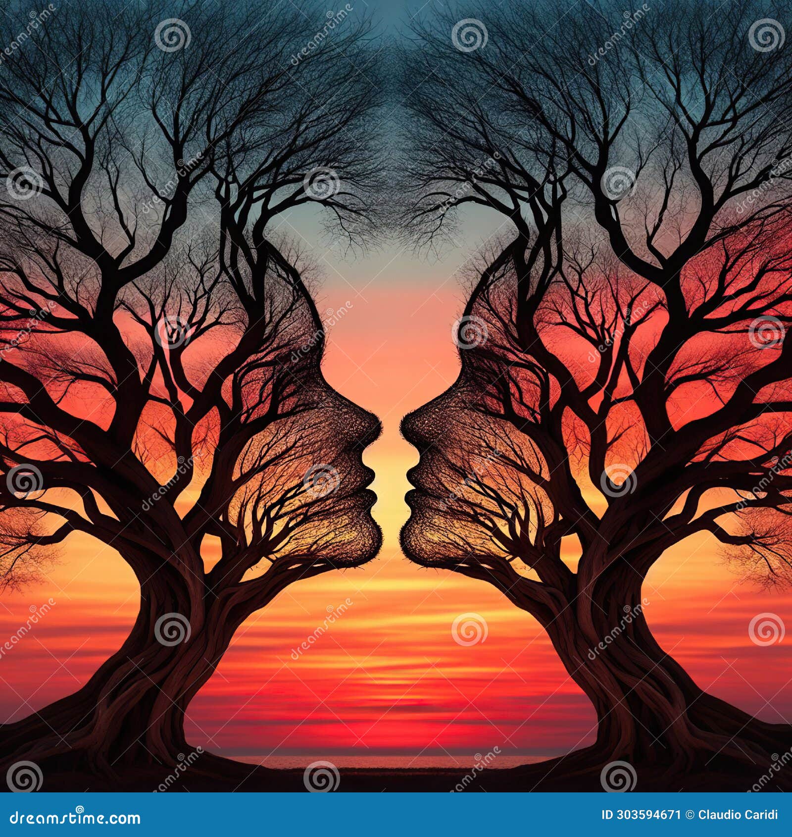 Two Trees Intertwining To Create an Illusion of Two Human Faces Trying ...
