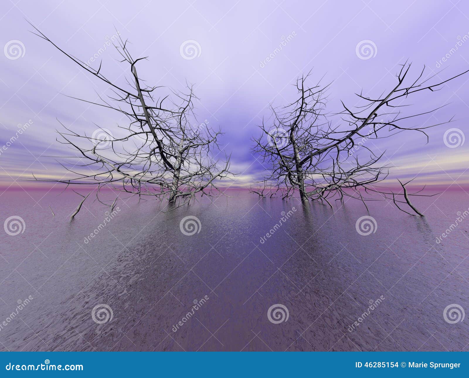 Purple Ocean With Setting Sun 3d Rendering Abstract Illustration. Pink ...