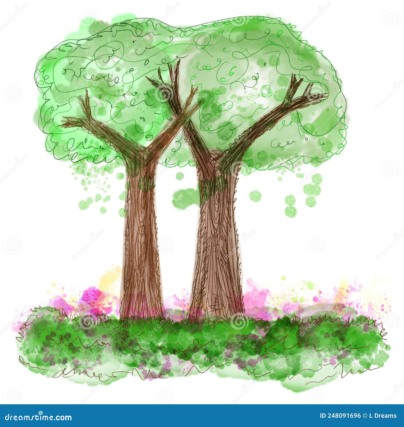 Two Trees in a Romantic Floral Garden Stock Illustration - Illustration ...