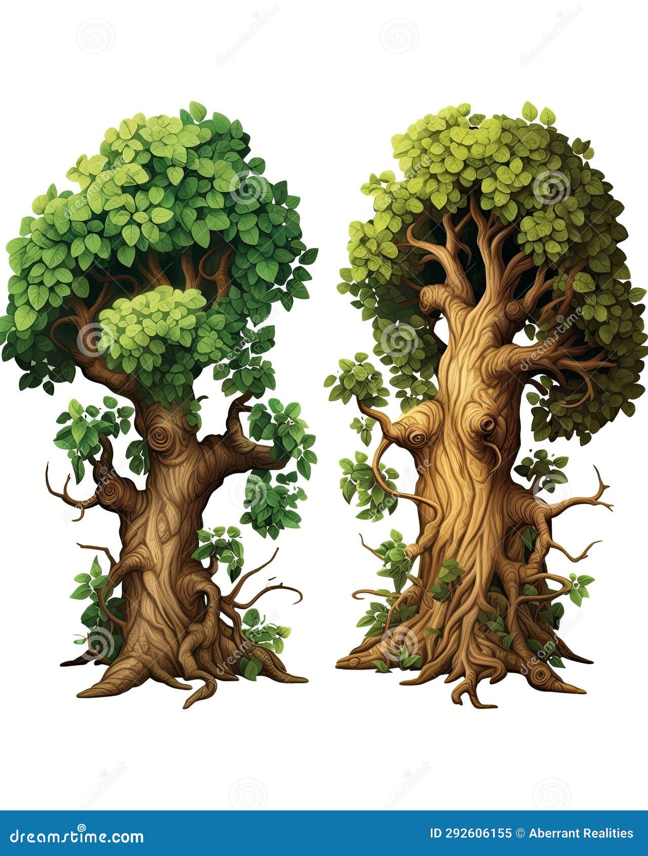 Two Trees with Roots and Leaves on a White Background Stock ...