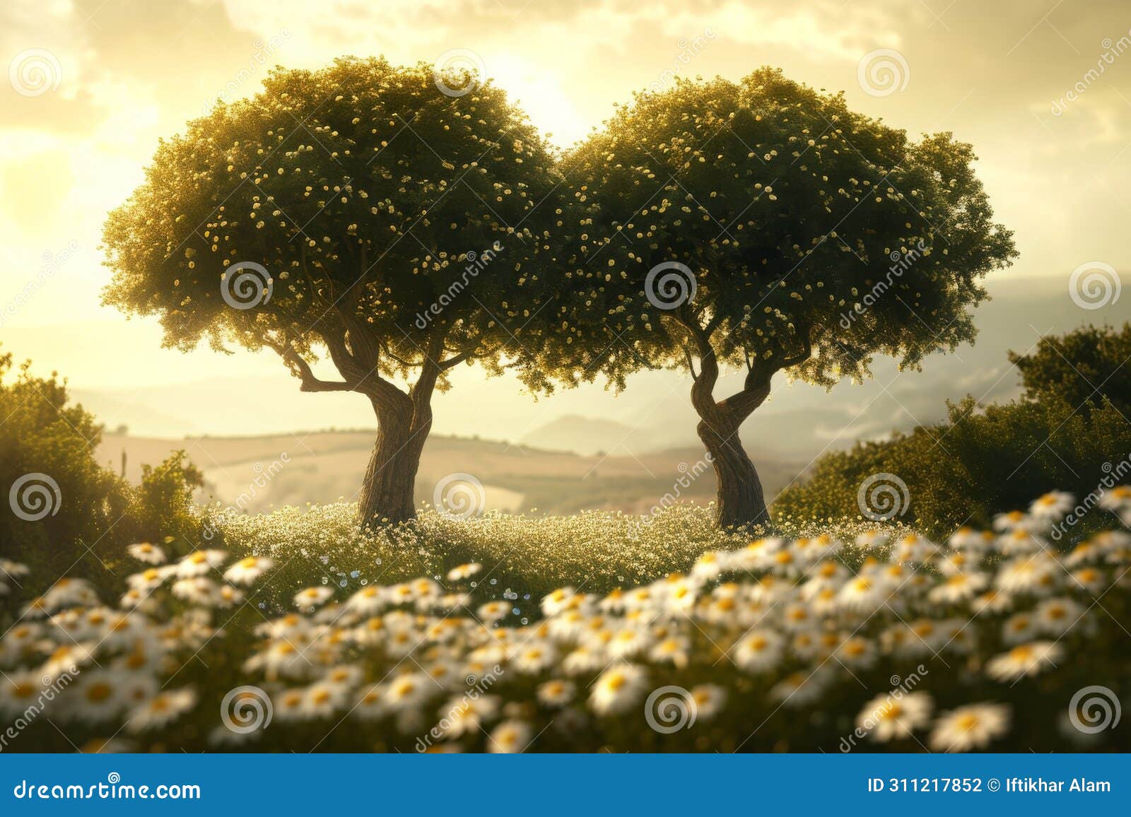Two Trees Standing in the Grass, Two Intertwined Trees Standing Strong ...