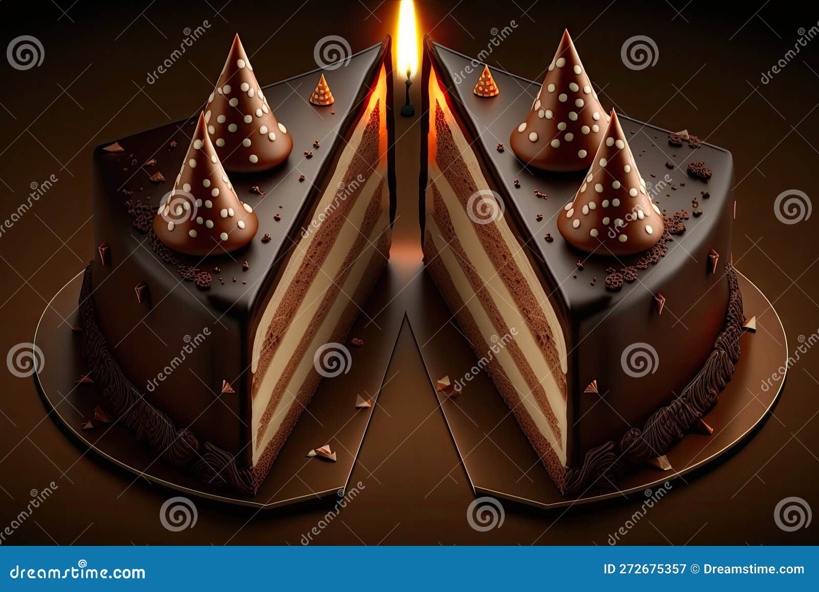 Two Triangular Pieces of Large Chocolate Birthday Cake with Candles ...
