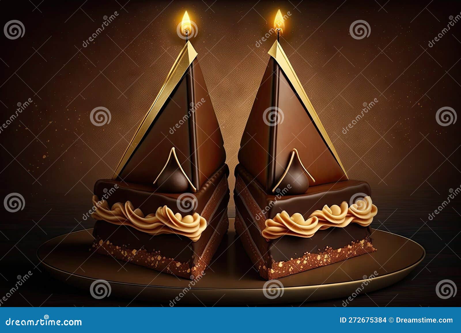 Two Triangular Pieces of Large Chocolate Birthday Cake with Candles ...