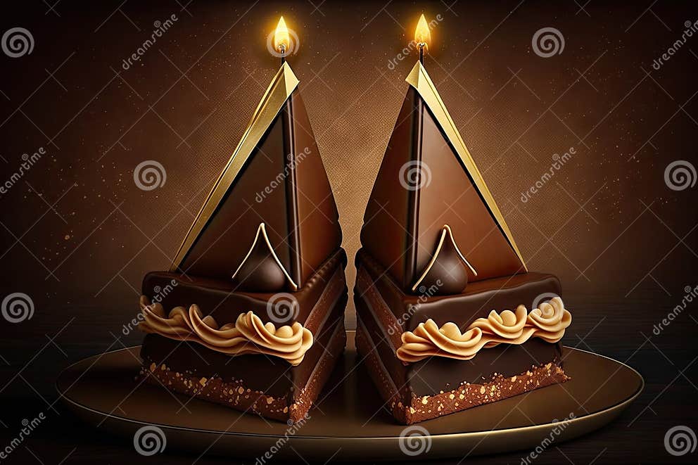 Two Triangular Pieces of Large Chocolate Birthday Cake with Candles ...