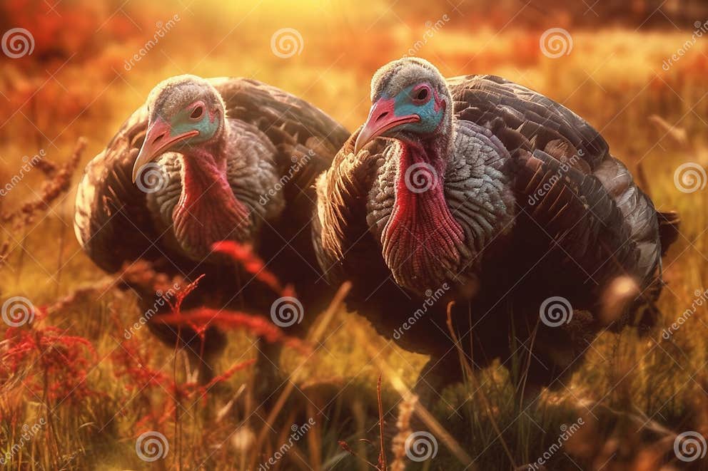 Two Turkeys in the Grass, Generative Ai Stock Image - Image of meadow ...
