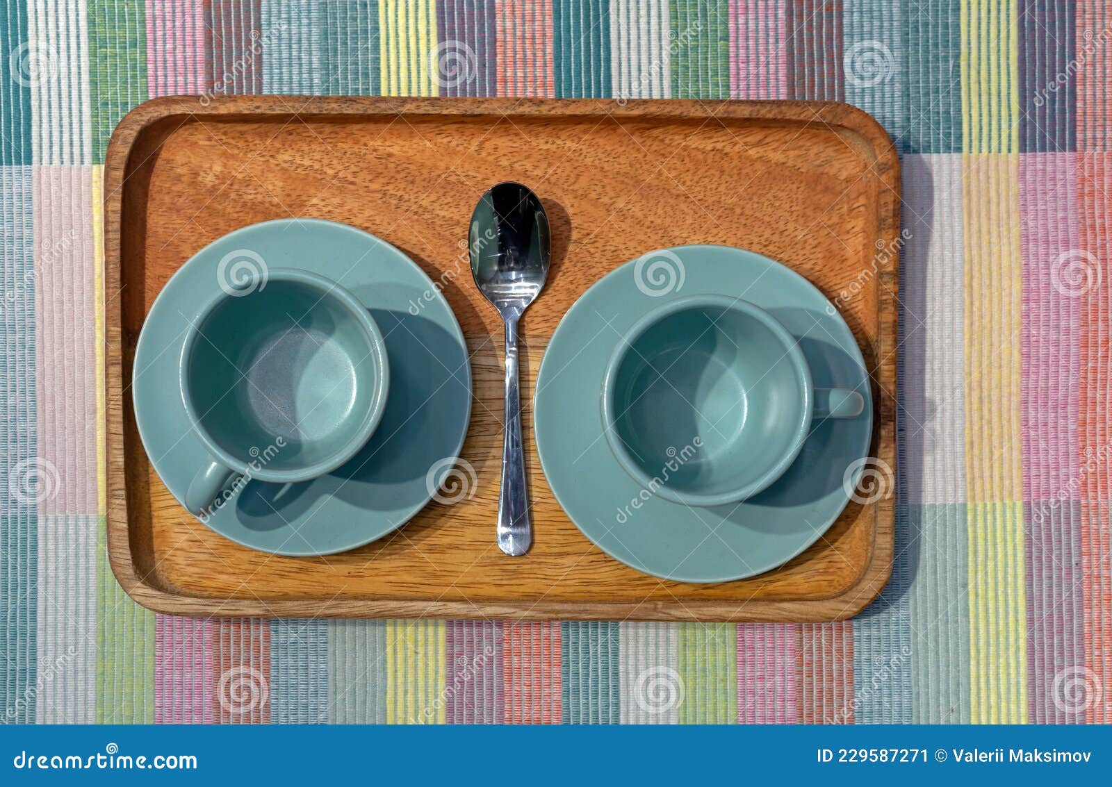 Two Turquoise Coffee Cups on a Wooden Tray Stock Image - Image of ...