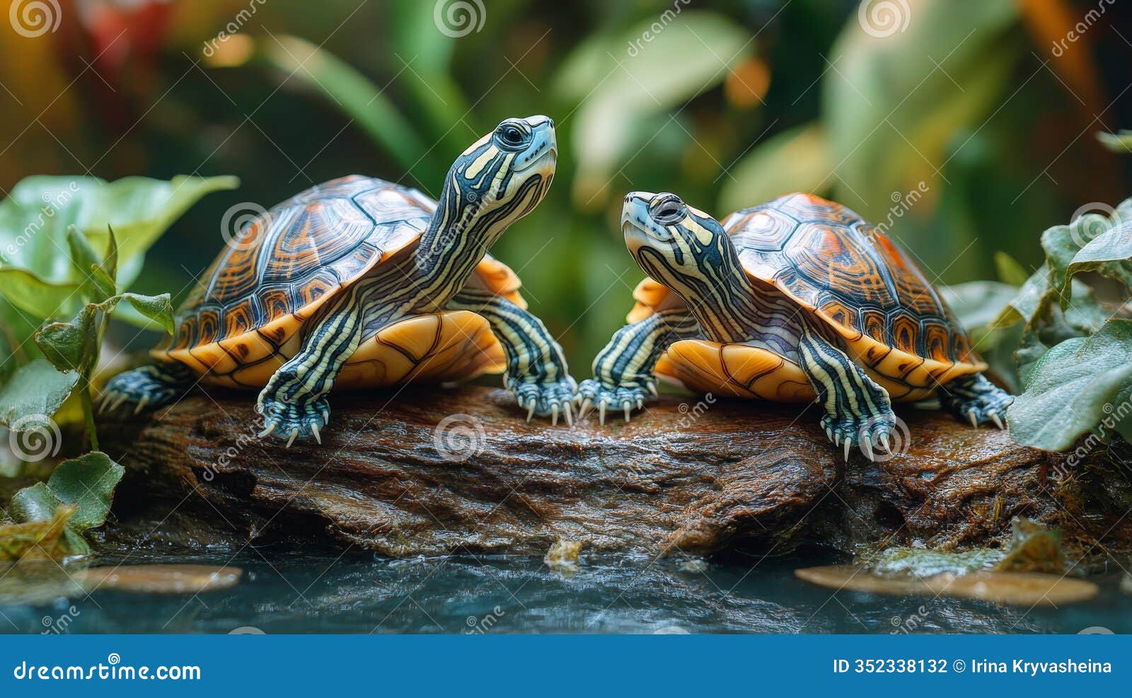 Two Turtles Basking on a Log in a Serene Aquatic Environment during ...