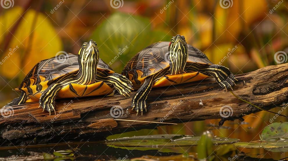 Two Turtles Basking on a Sunlit Log by the Water Stock Illustration ...