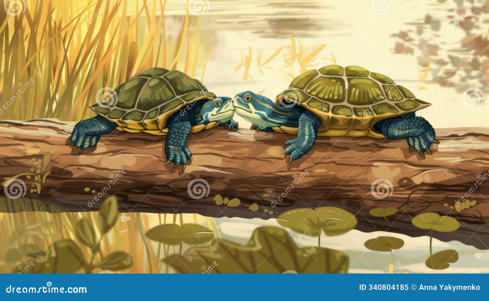 Two Turtles Resting on a Log by the Water S Edge Stock Illustration ...