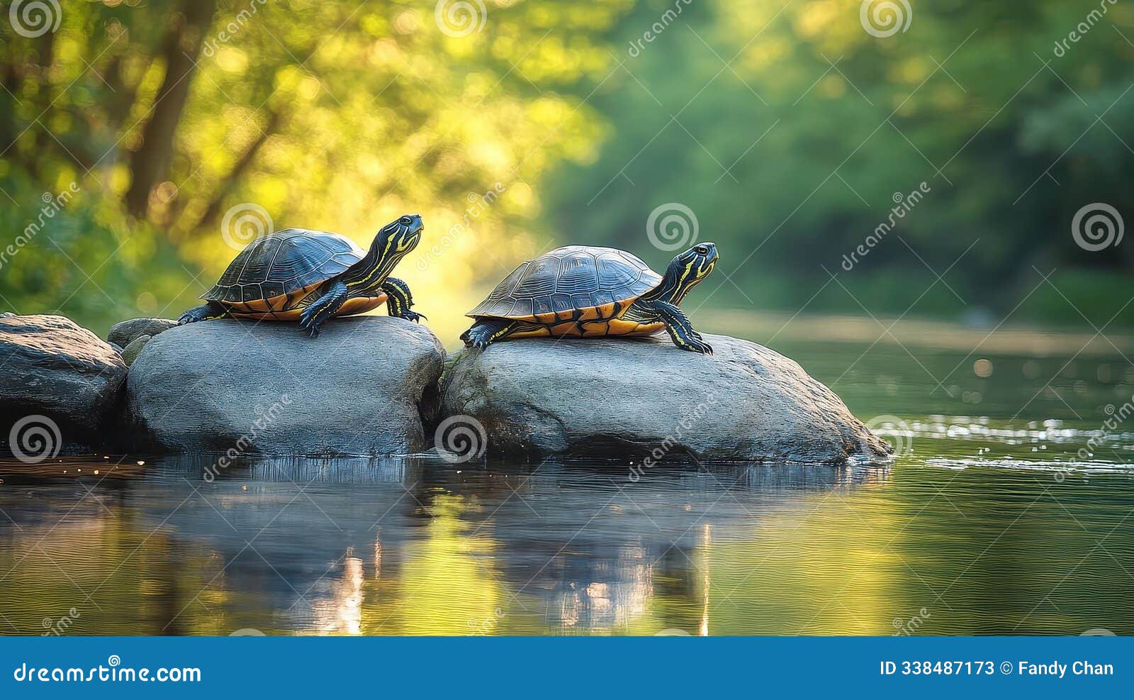 Two Turtles Sunbathing on Rocks by a River Stock Illustration ...