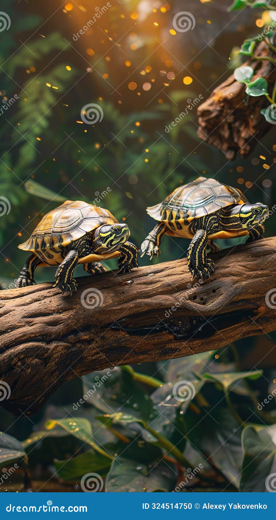 Two Turtles on Tree Branch. Stock Photo - Image of water, head: 324514750
