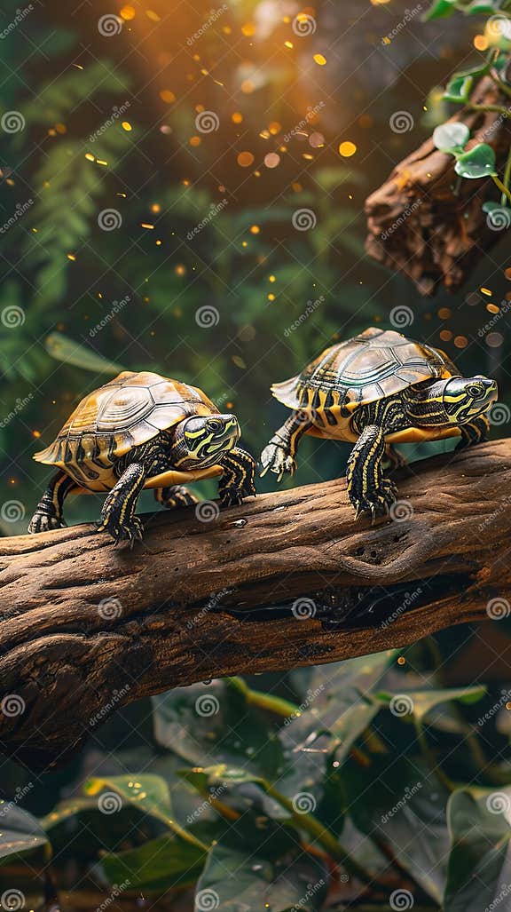 Two Turtles on Tree Branch. Stock Photo - Image of water, head: 324514750