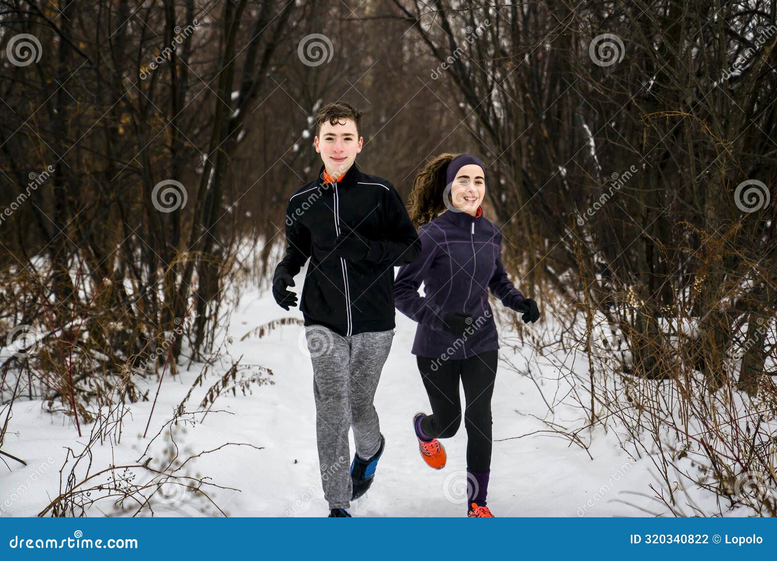 Two Twin Brother and Sister Running in Winter Forest Stock Photo ...