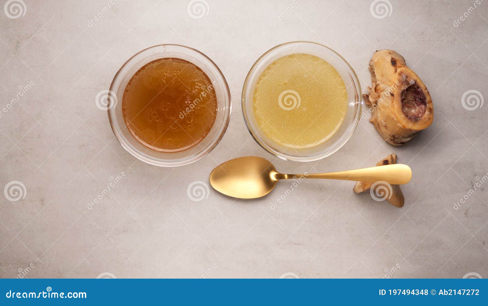 Two Types of Bone Broth in Glass Bowls. Top View, Copy Space Stock ...