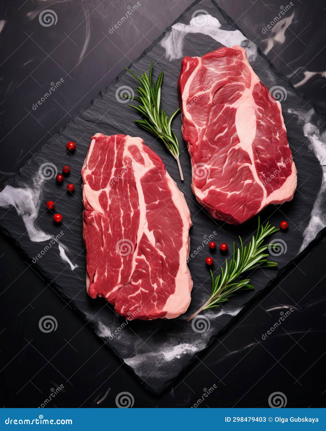 Two Uncooked Meat Steaks on a Black Background. AI Generated. Stock ...