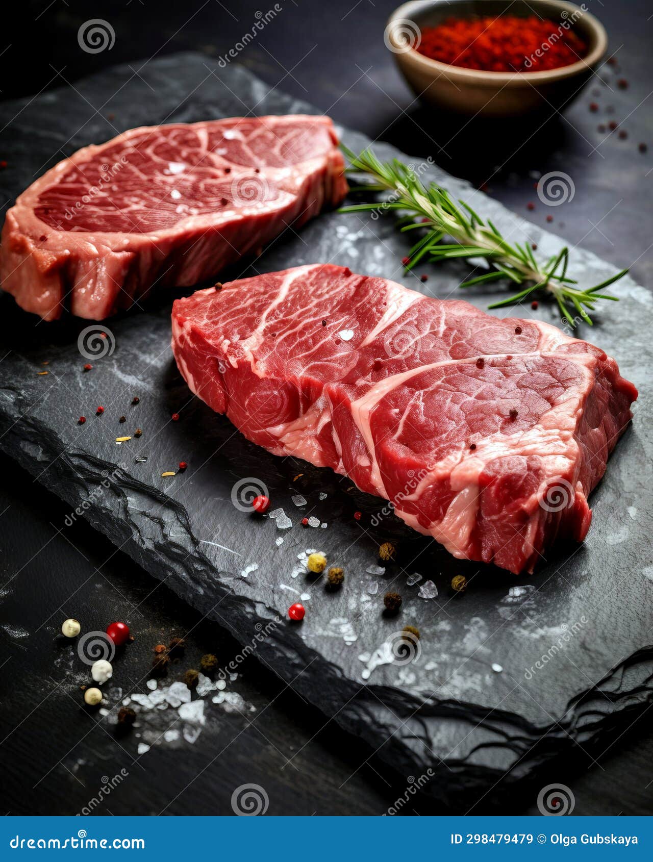 Two Uncooked Meat Steaks on a Black Background. AI Generated. Stock ...