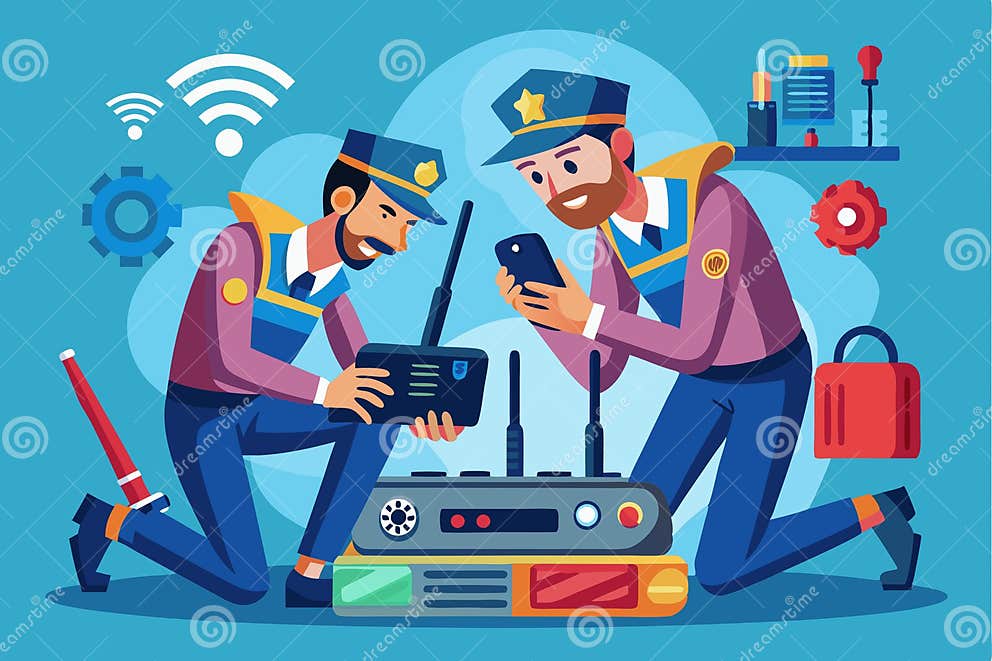 Two Uniformed Men are Repairing a Router and Diagnosing Issues in a ...