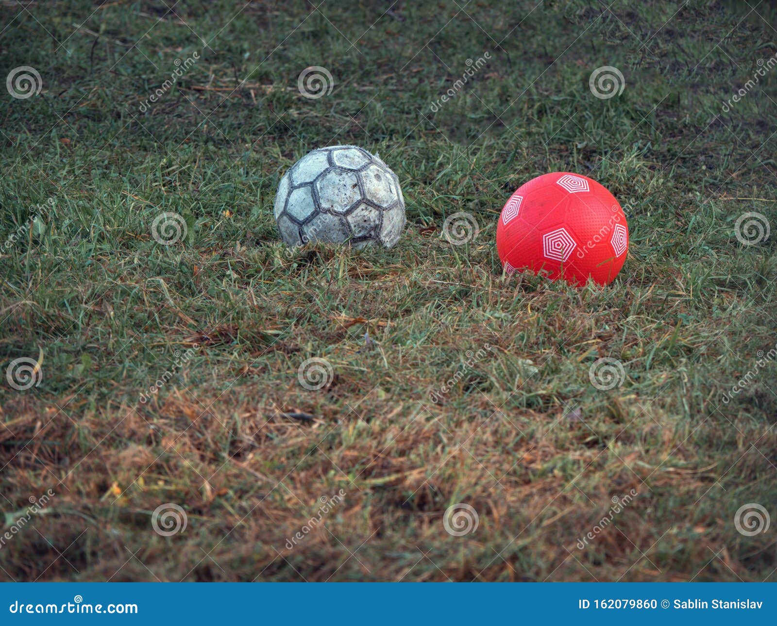 Two Used Balls on the Grass. Stock Photo - Image of lawn, funny: 162079860