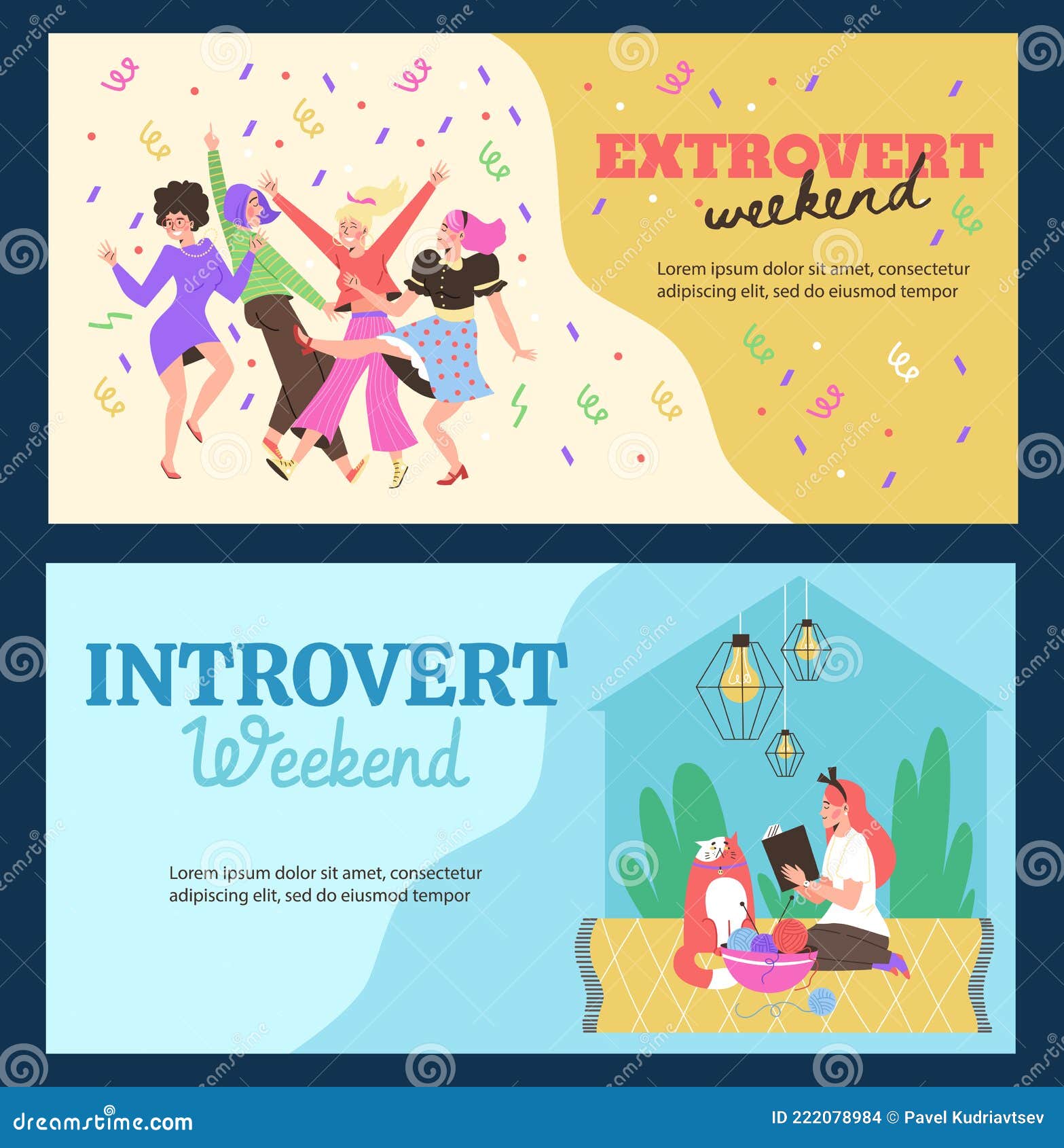 Two Vector Banners with Leisure Activity of Extrovert and Introvert ...