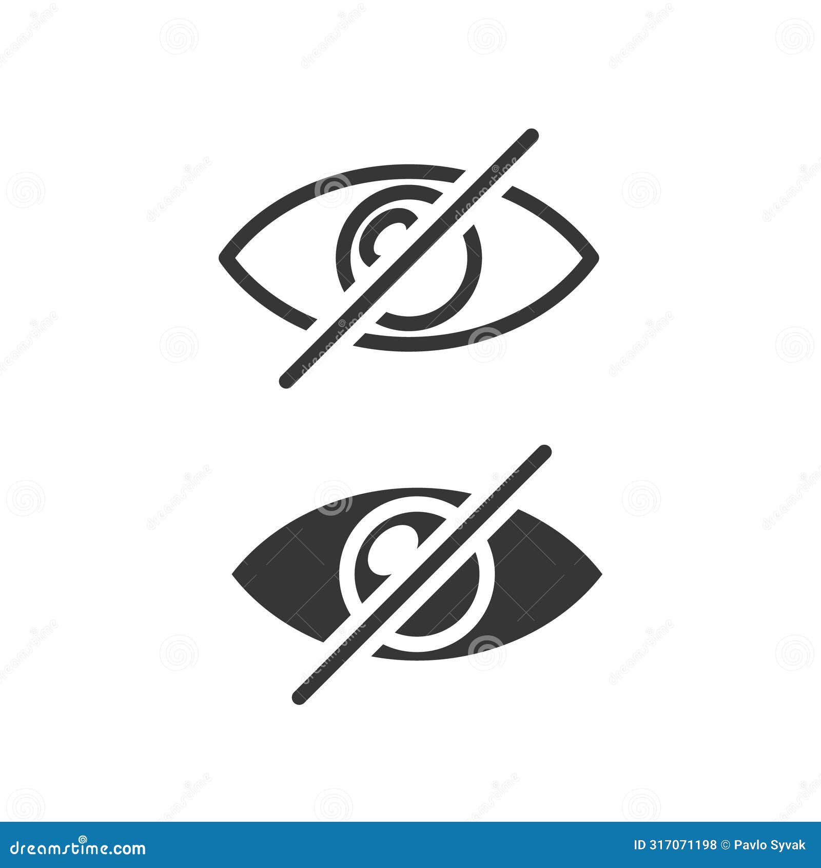 Two Vector Crossed Eye Monochrome Icons. Concept of Prohibited or ...