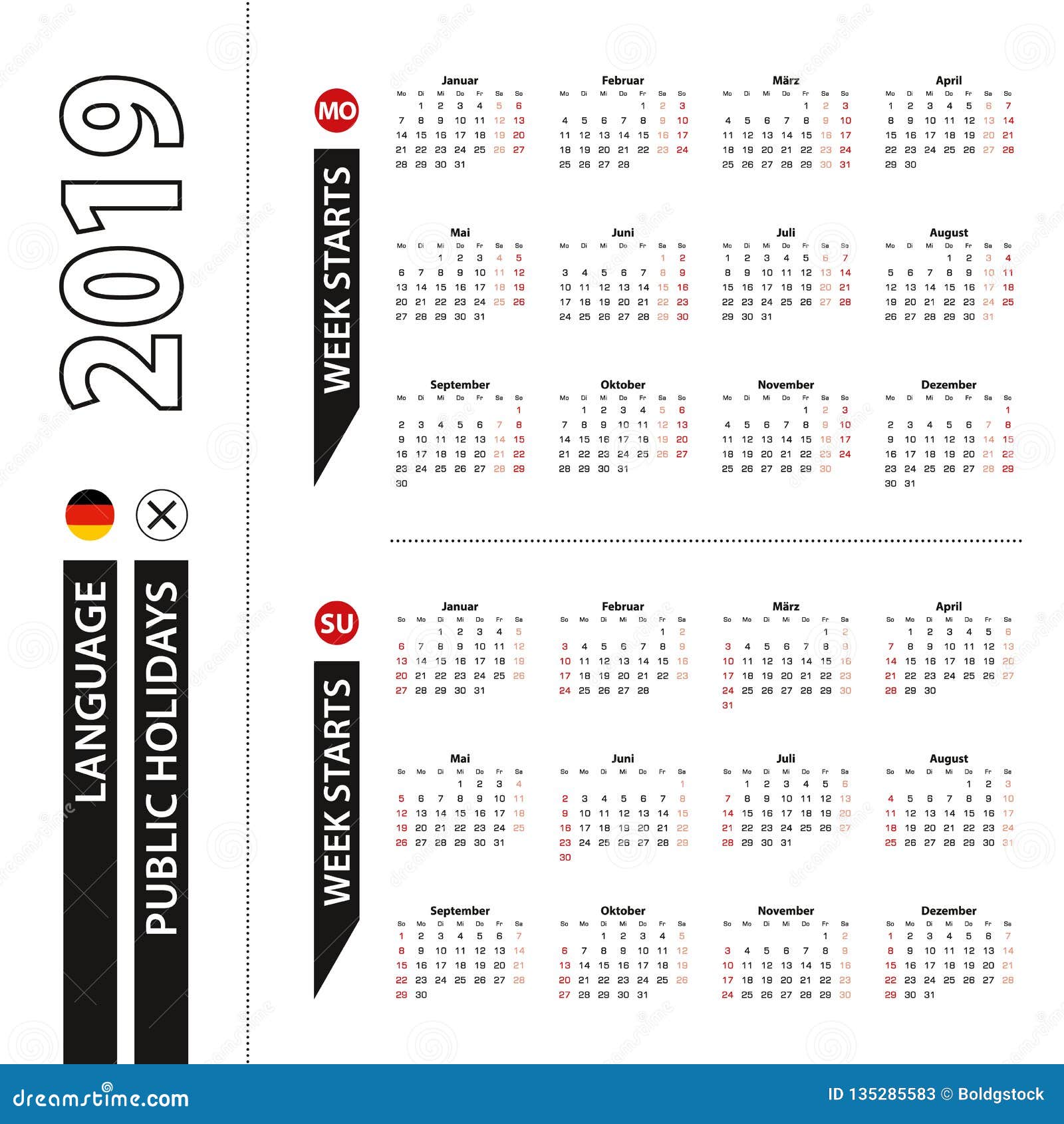 Two Versions of 2019 Calendar in German, Week Starts from Monday and ...