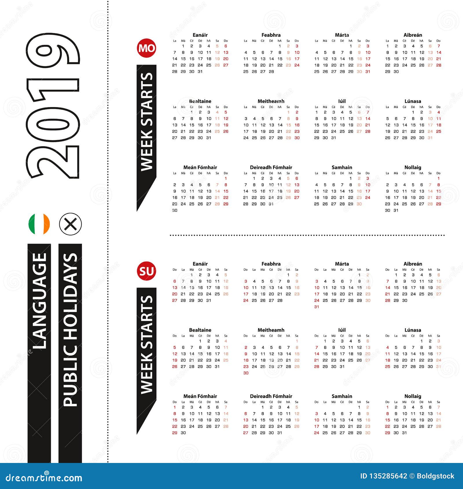 Two Versions of 2019 Calendar in Irish, Week Starts from Monday and ...