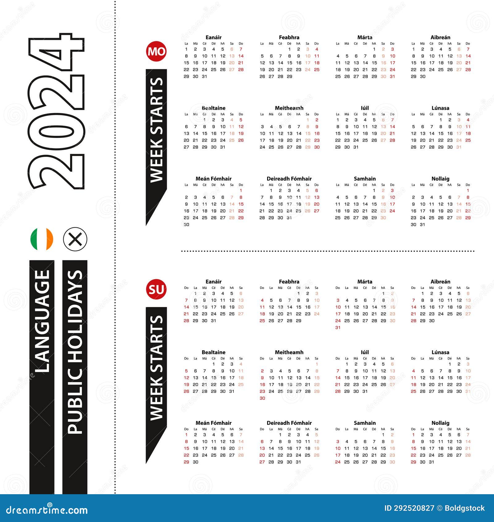 Two Versions of 2024 Calendar in Irish, Week Starts from Monday and ...