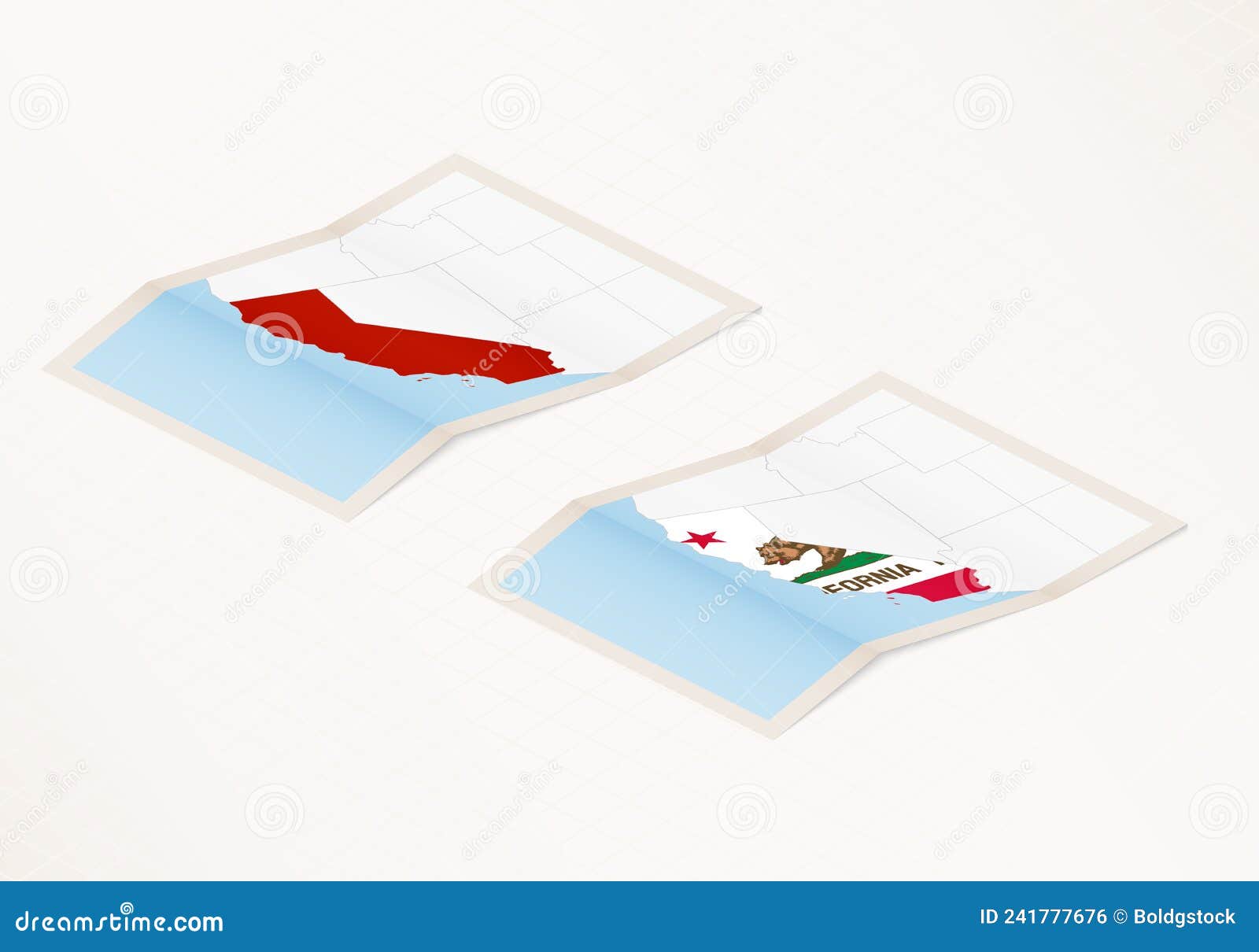 Two Versions of a Folded Map of California with the Flag of the Country ...