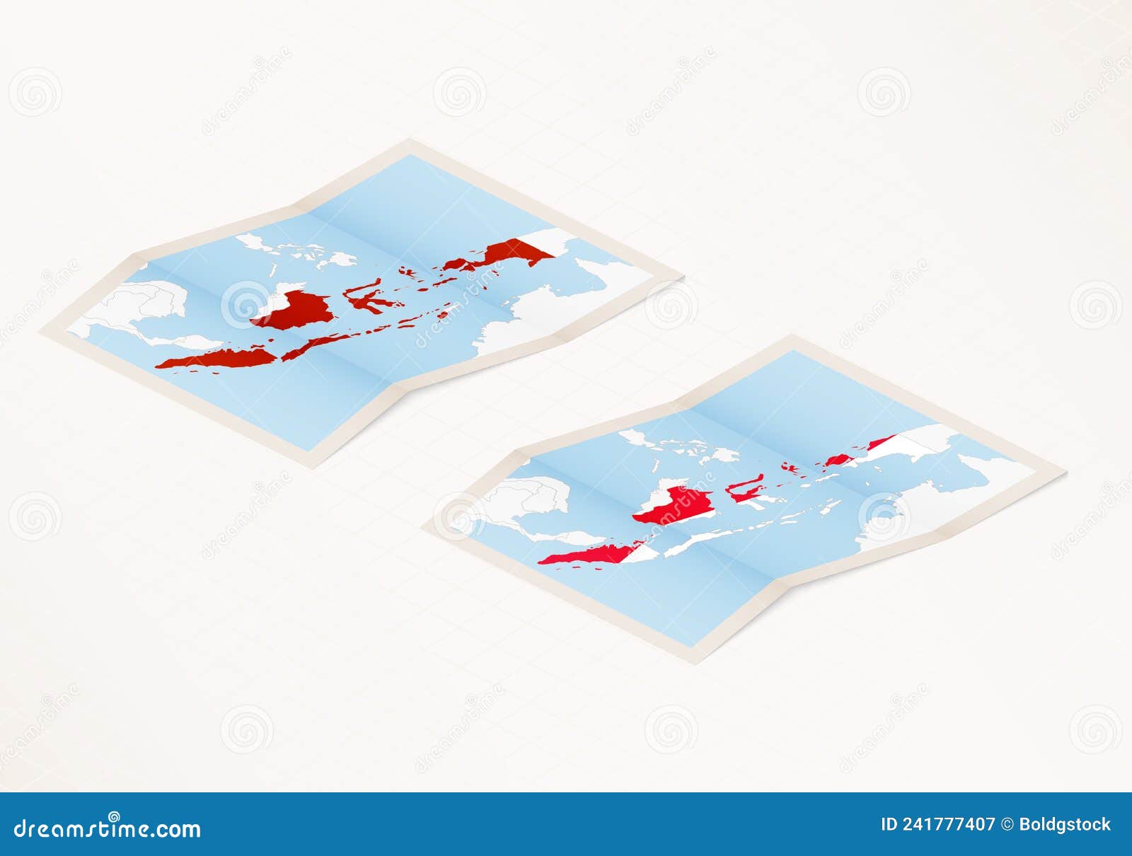 Two Versions of a Folded Map of Indonesia with the Flag of the Country ...