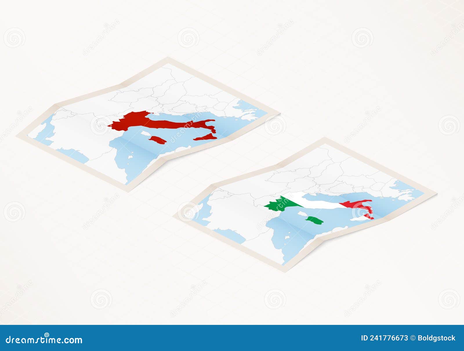 Two Versions of a Folded Map of Italy with the Flag of the Country of ...