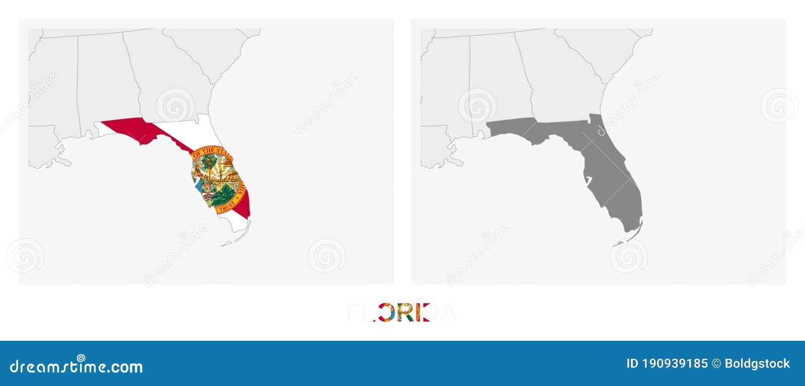 Two Versions of the Map of US State Florida, with the Flag of Florida ...