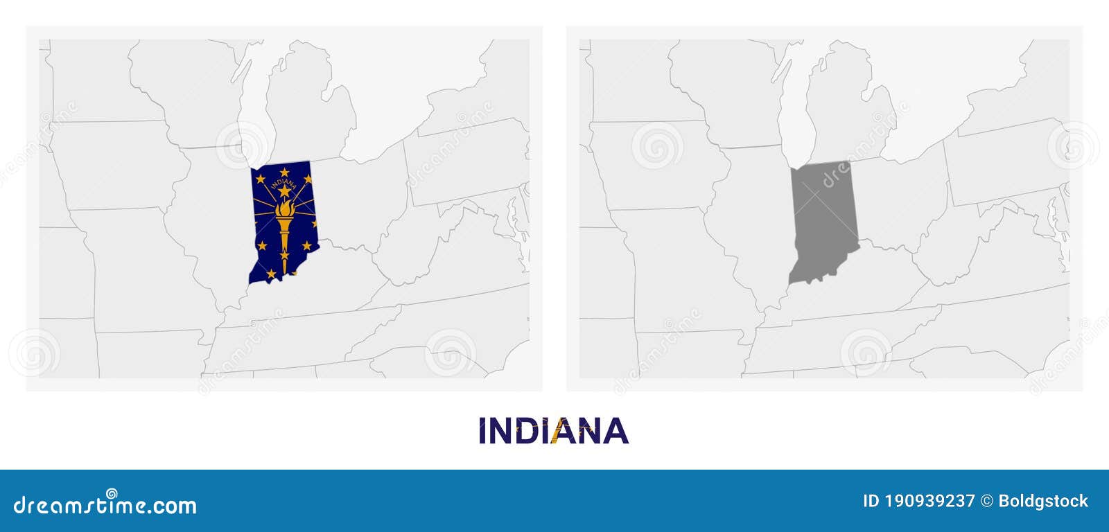 Two Versions of the Map of US State Indiana, with the Flag of Indiana ...