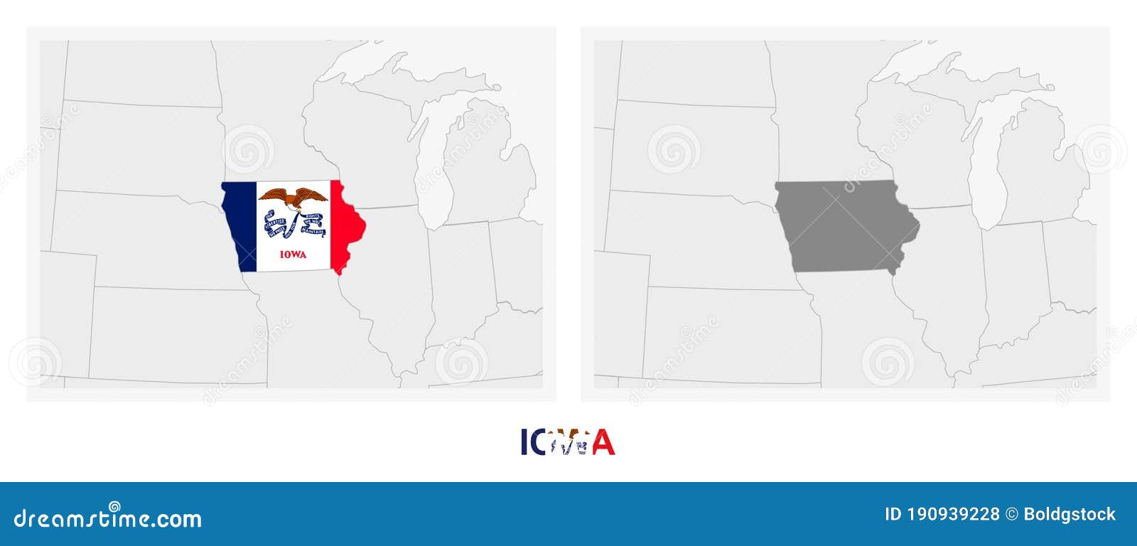 Two Versions of the Map of US State Iowa, with the Flag of Iowa and ...