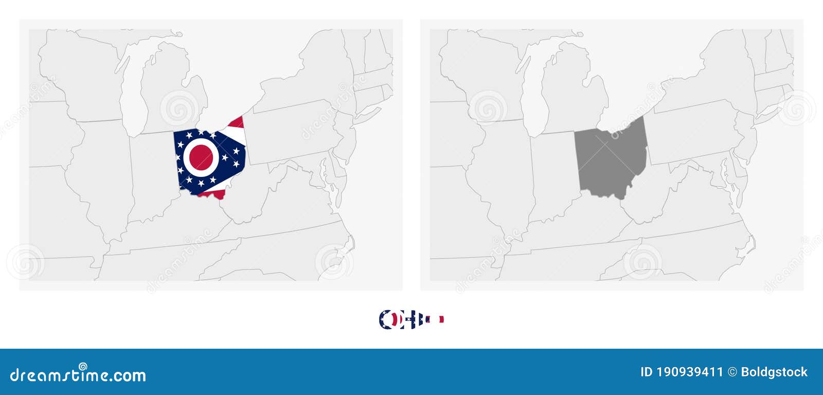 Two Versions of the Map of US State Ohio, with the Flag of Ohio and ...