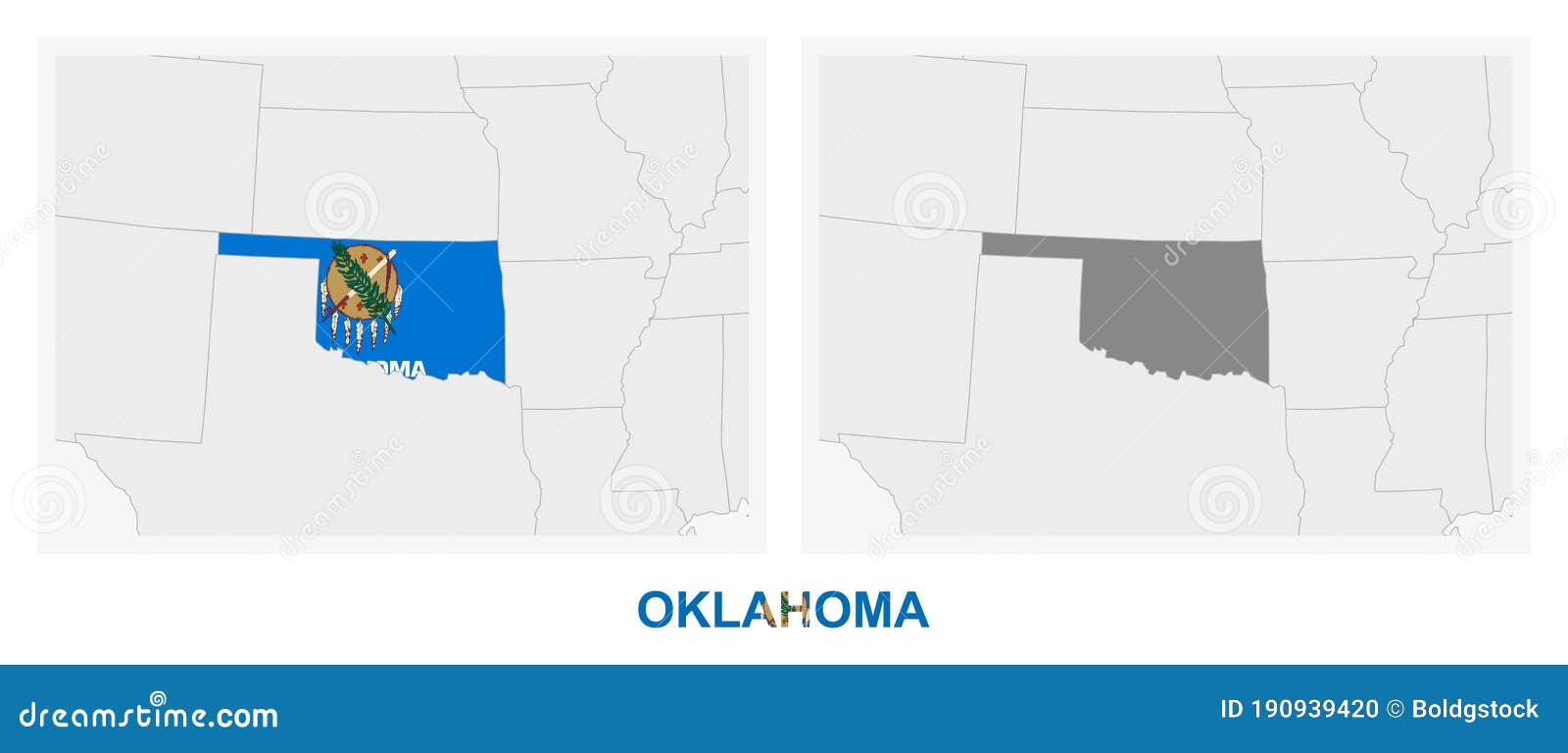 Two Versions of the Map of US State Oklahoma, with the Flag of Oklahoma ...
