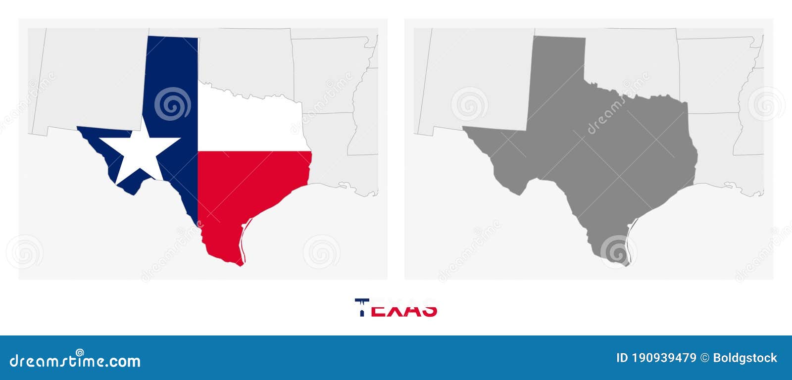 Two Versions of the Map of US State Texas, with the Flag of Texas and ...