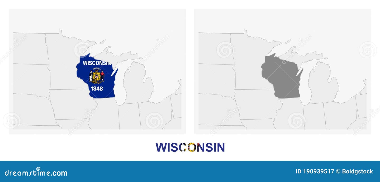 Two Versions of the Map of US State Wisconsin, with the Flag of ...
