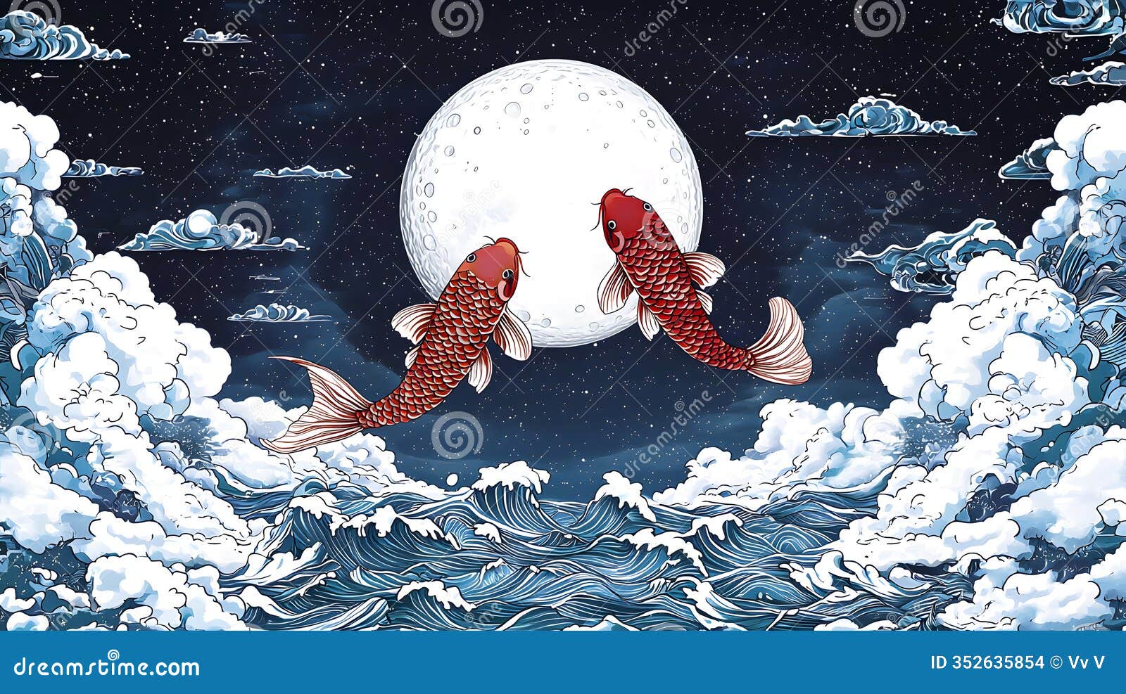 Two Vibrant Koi Fish Swimming Beneath a Full Moon Stock Illustration ...
