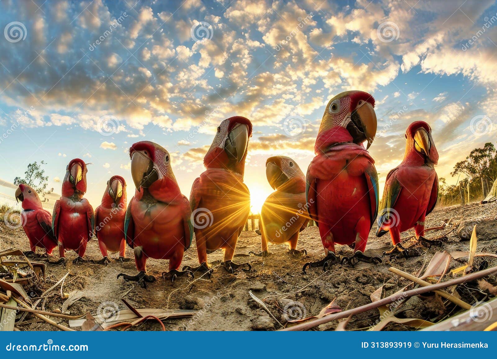 Two Vibrant Parrots of Different Hues Standing Side by Side Stock ...