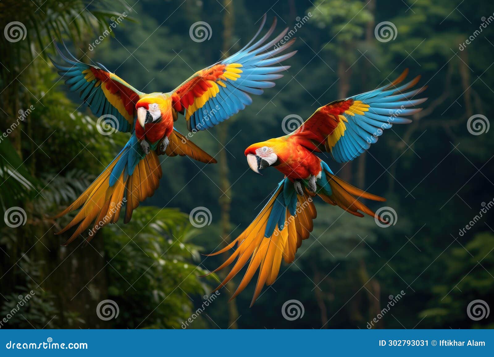 Two Vibrant Parrots Soar Gracefully in the Sky, a Pair of Tropical ...