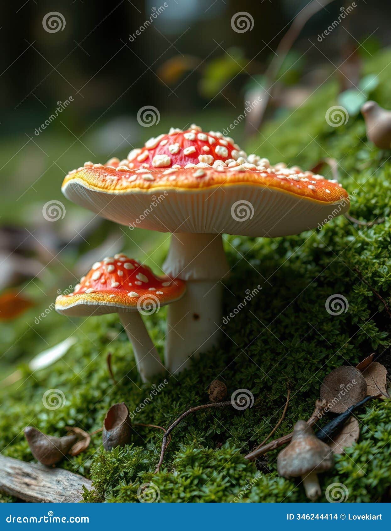Red and White Toadstools Grow among Lush Green Moss in a Forest Stock ...