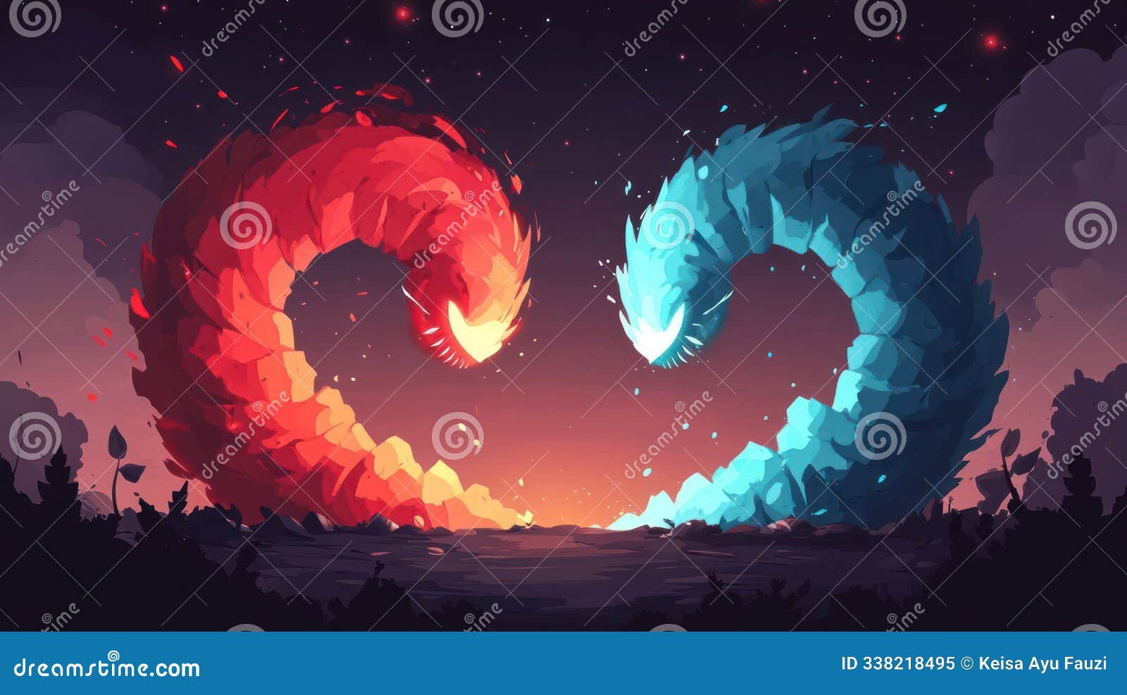 Two Vibrant, Serpent-like Creatures Intertwine in a Heart Shape Against ...