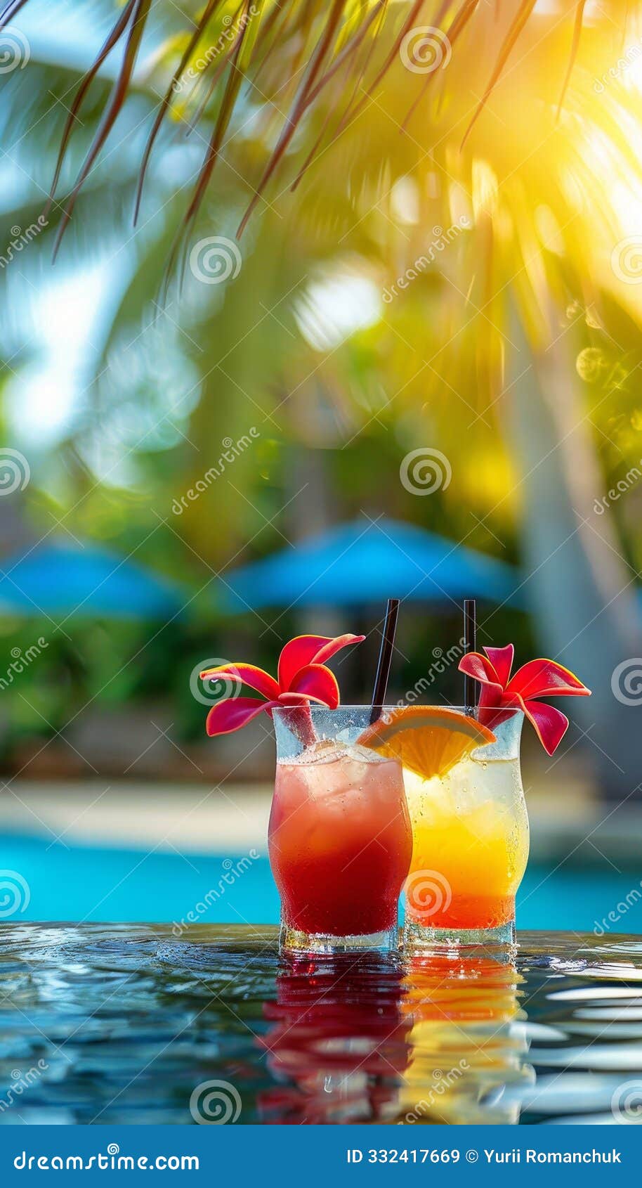 Two Vibrant Tropical Drinks by a Serene Poolside Resort Under the ...
